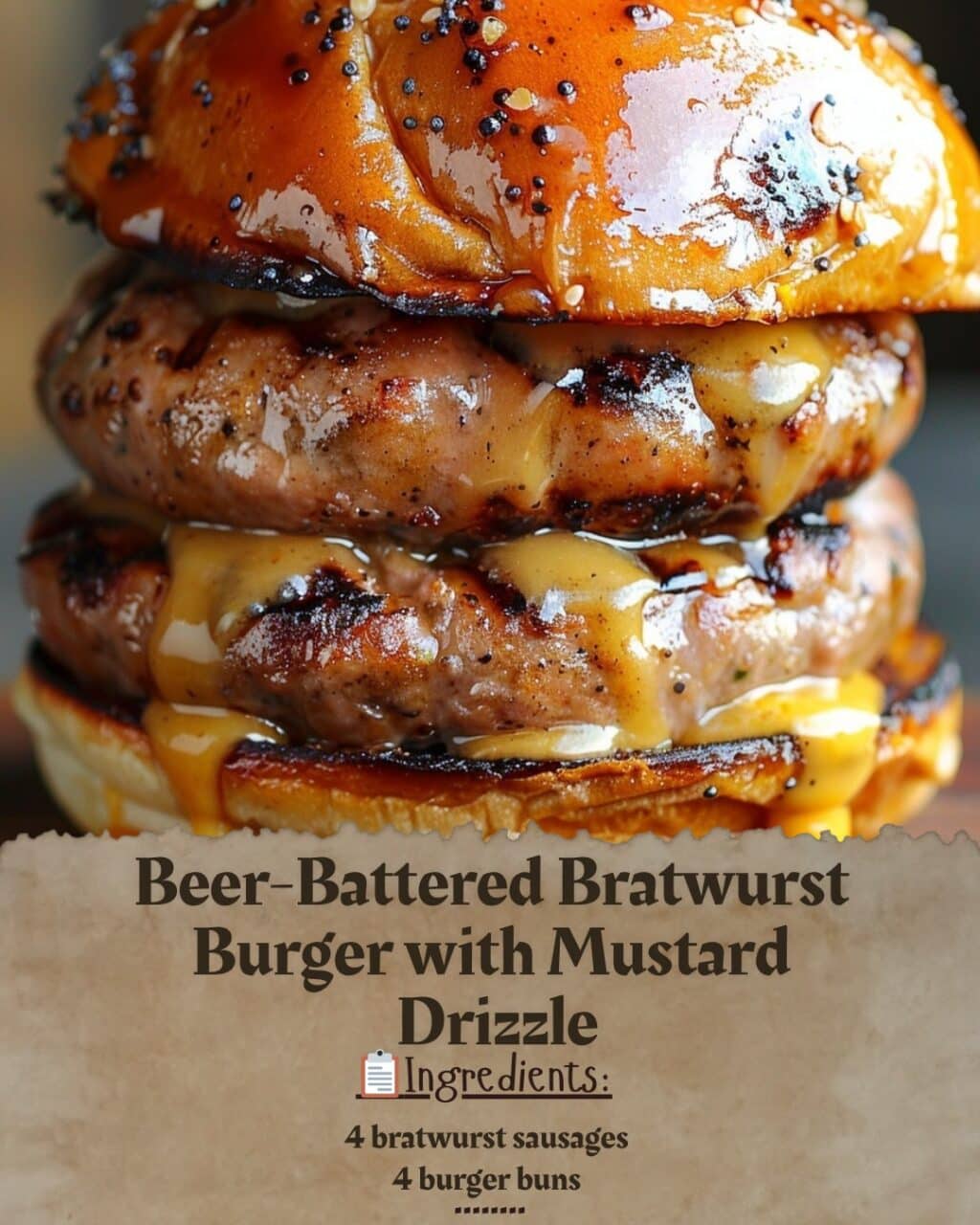 Beer-Battered Bratwurst Burger with Tangy Mustard Drizzle