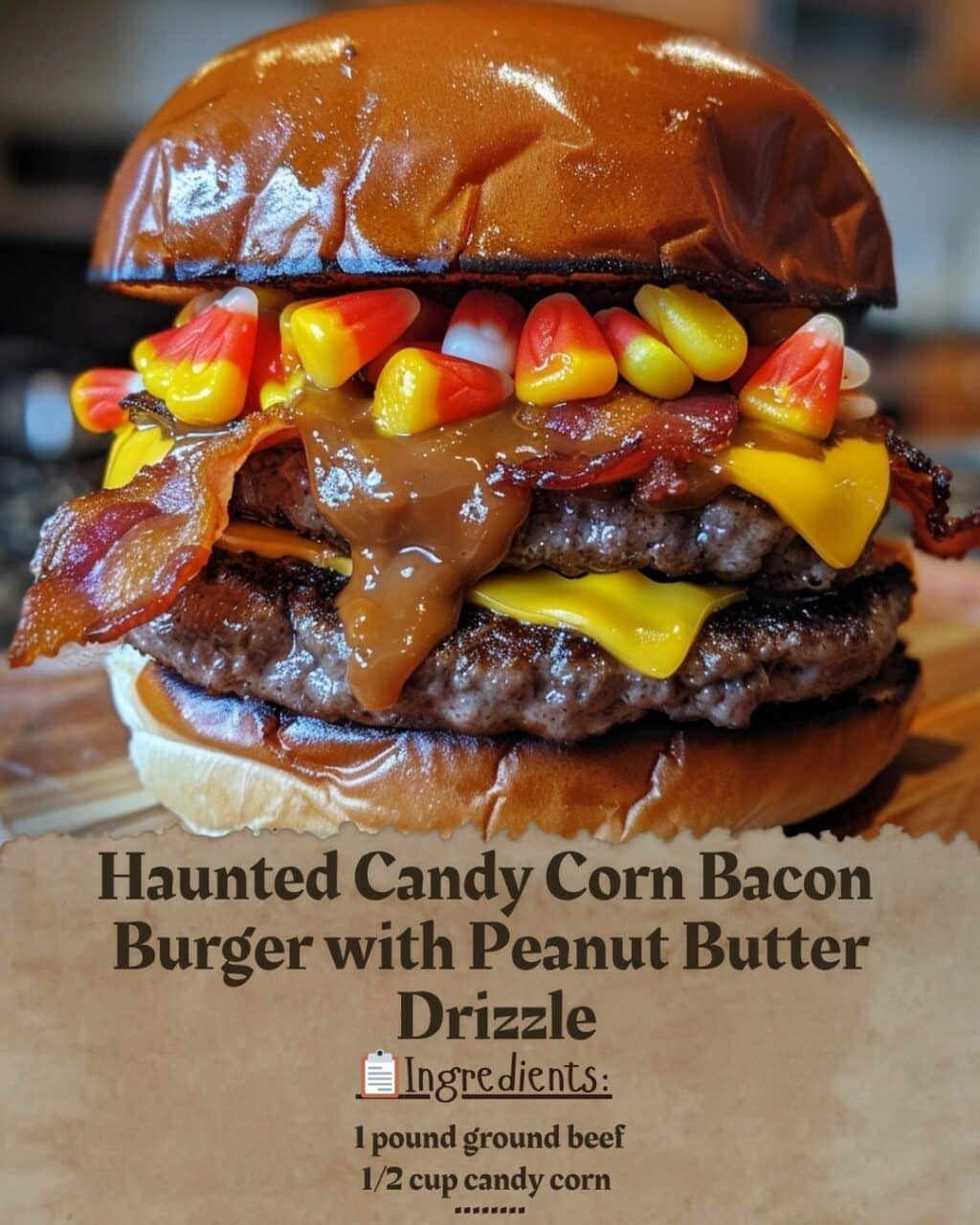 Haunted Candy Corn Bacon Burger with Peanut Butter Drizzle