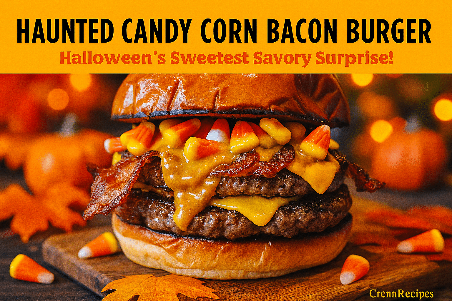 Haunted Candy Corn Bacon Burger with Peanut Butter Drizzle