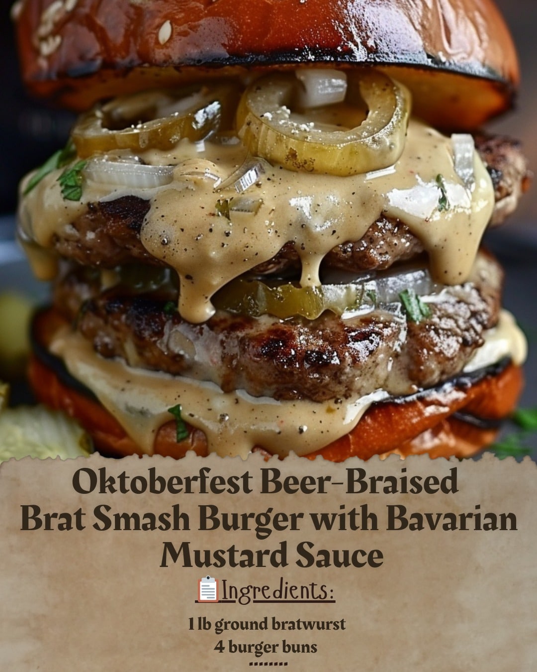 Oktoberfest Beer-Braised Brat Smash Burger with Bavarian Mustard Sauce