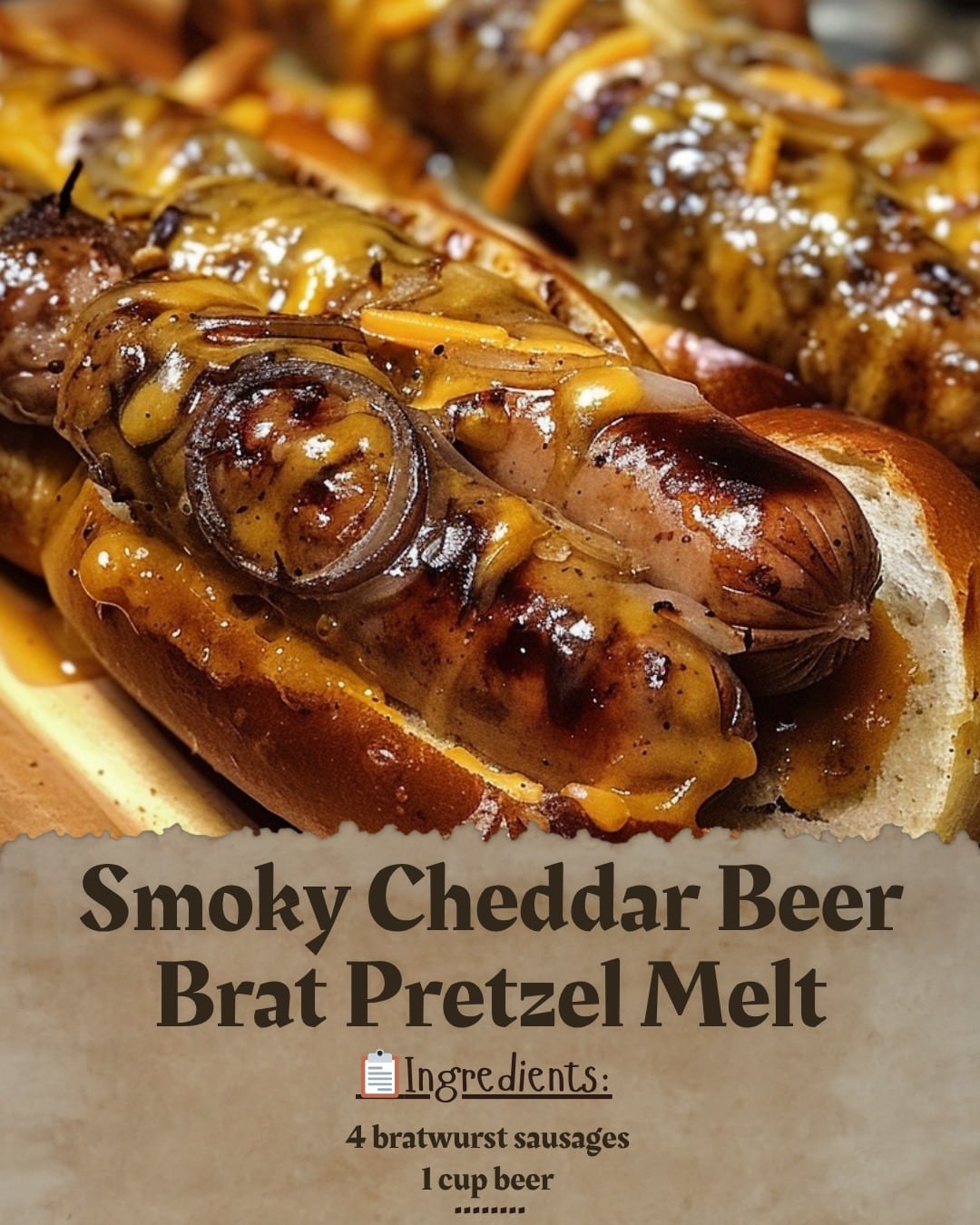 Smoky Cheddar Beer Brat Pretzel Melt: Cheesy Grilled Delight