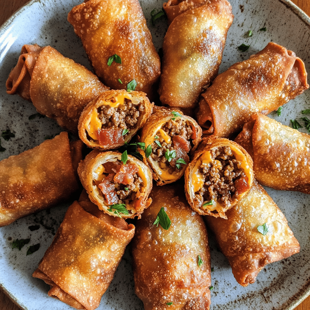 Deep-fried Bacon Cheeseburger Stuffed Egg Rolls