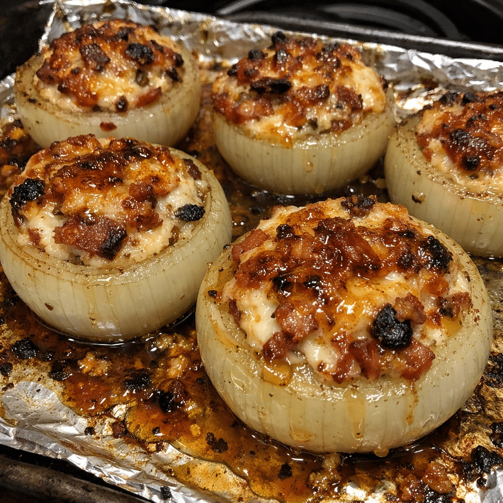 Irresistible Hot Honey Bacon Pepper Jack Stuffed Onion Bombs