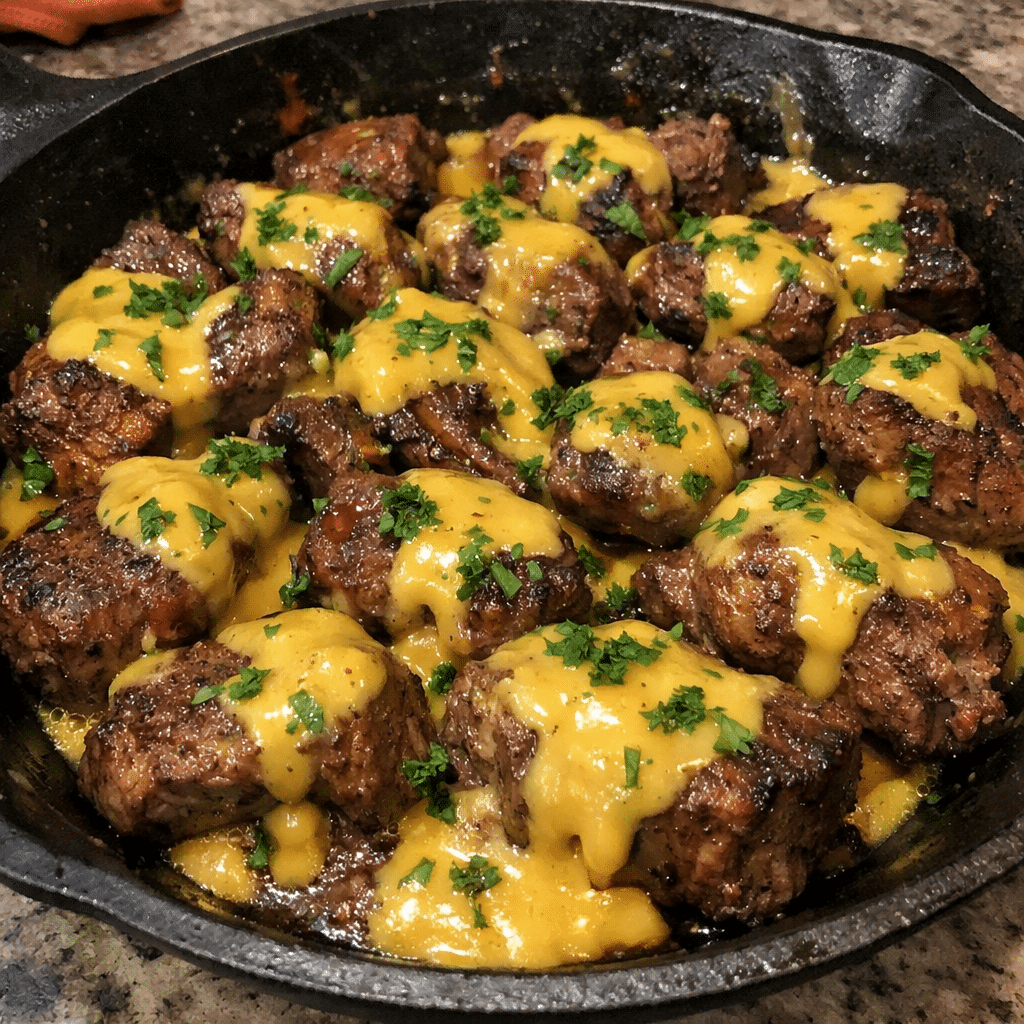 Scrumptious Skillet Steak Bites with Cheddar Lava Drizzle